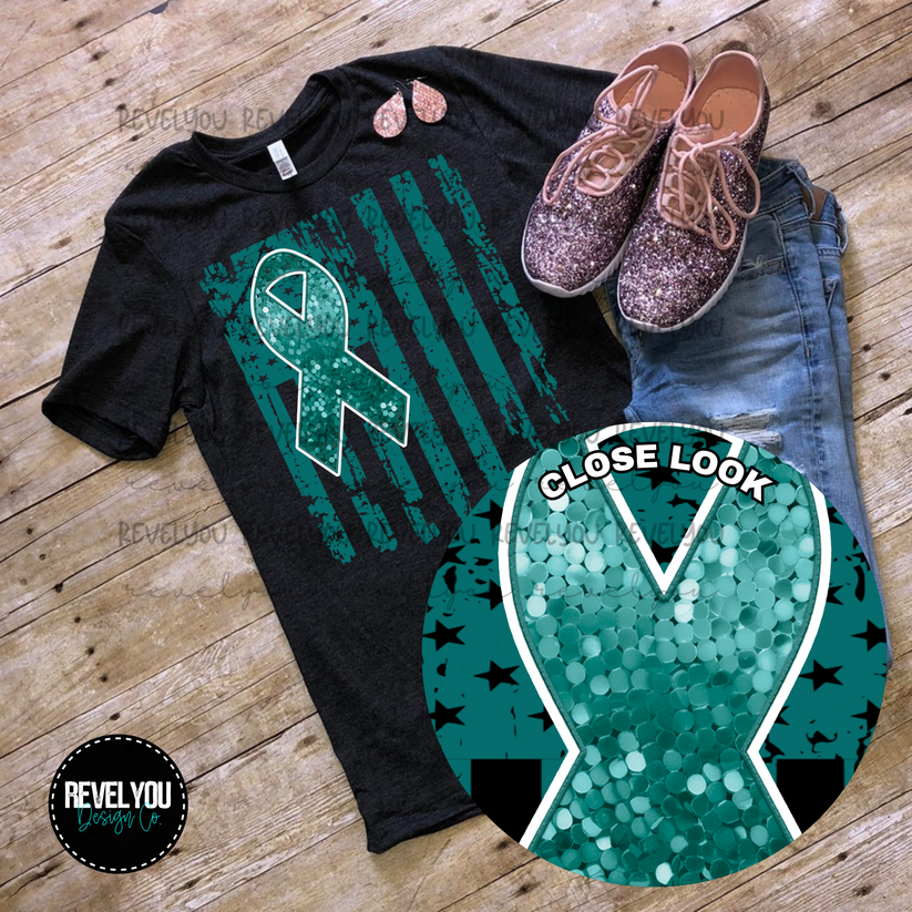 Teal Ribbon Flag Faux Embroidery Sequin Look - PNG – RevelYOU Boutique